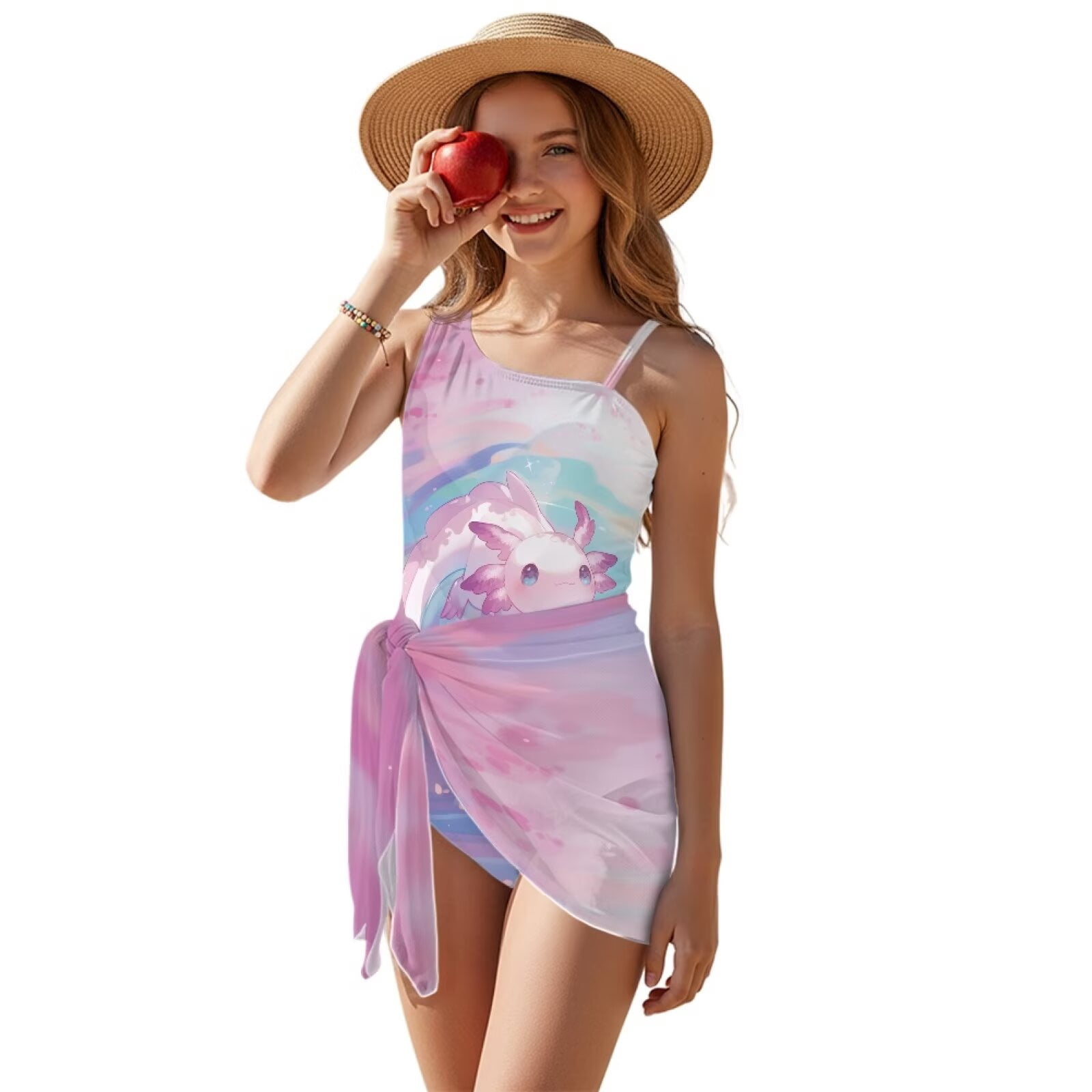 Xixirimido Cute Axolotl Print Girls One Piece Swimsuit with Mesh Cover ...