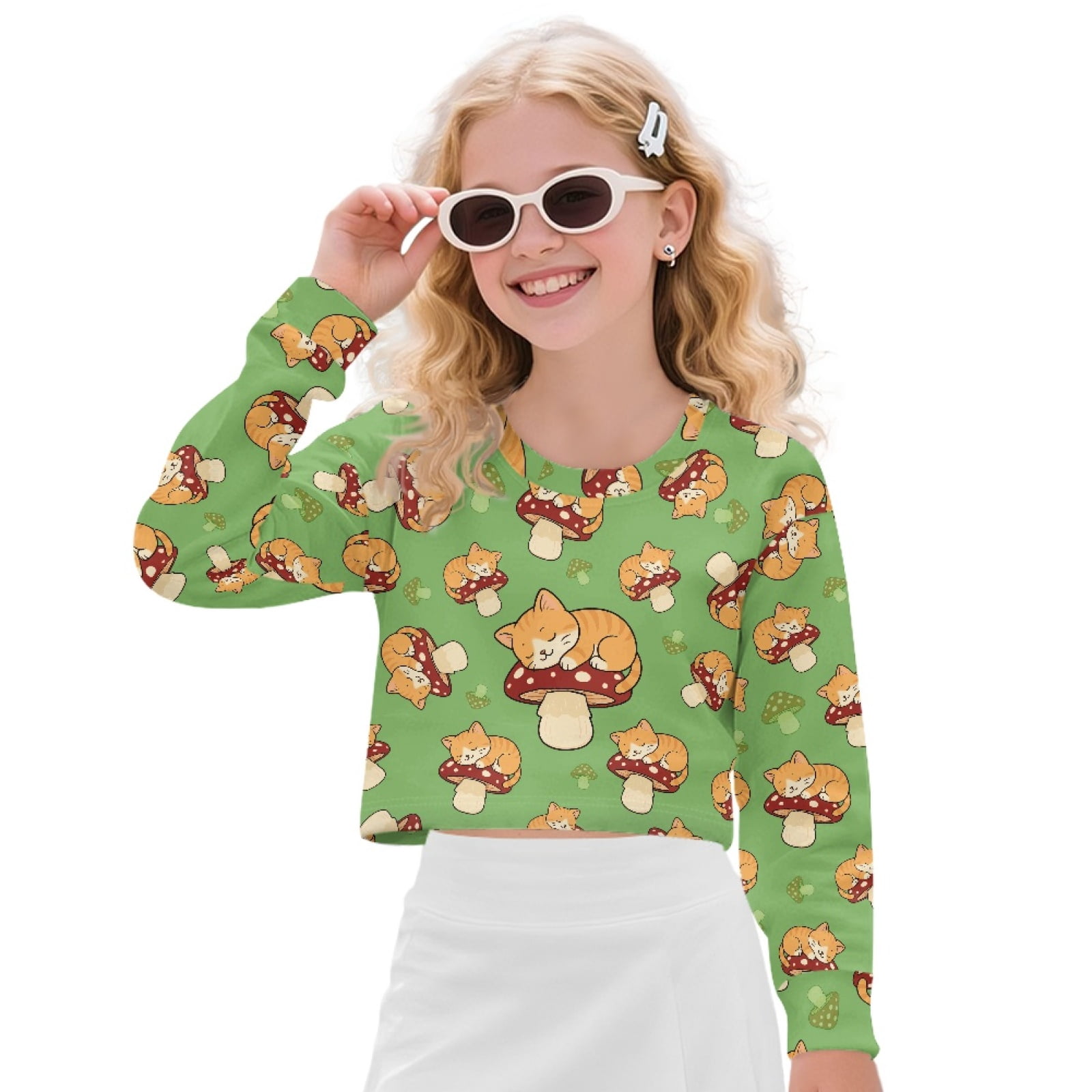 Xixirimido Green Cat Mushroom Crop Tops for Girls Kids Aesthetic ...