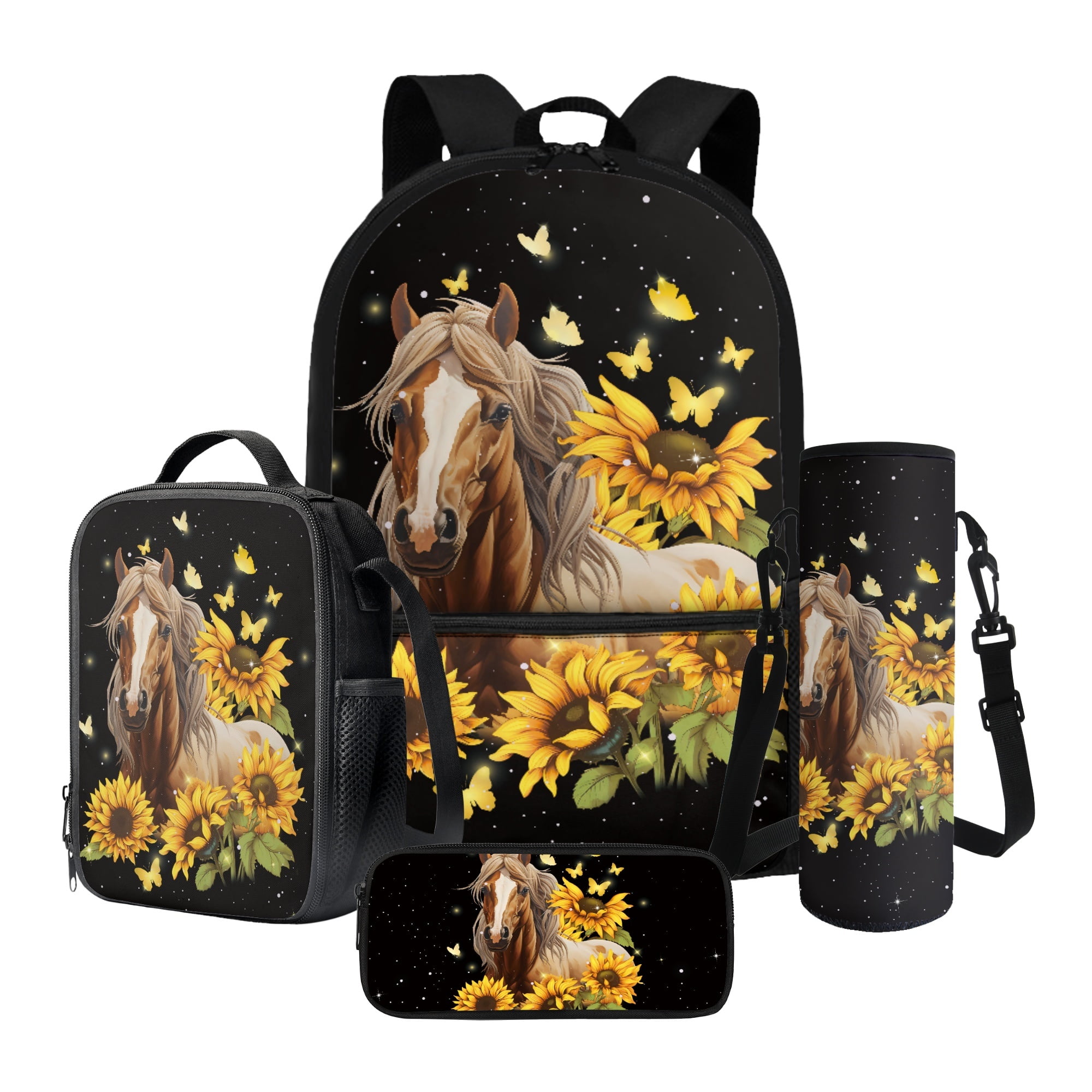 Xixirimido Horse Butterfly Sunflower Pattern School Backpack with Lunch ...