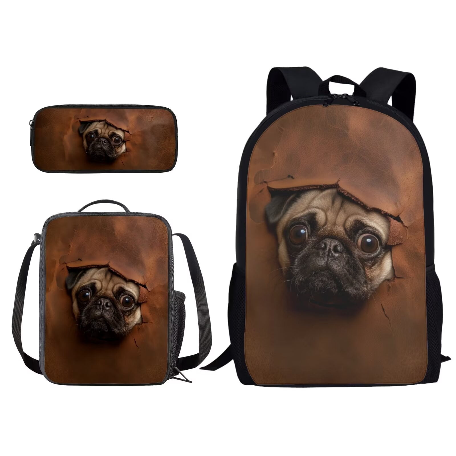 Xixirimido Pug Dog Broken Leather Print Back to School Backpack Set of ...