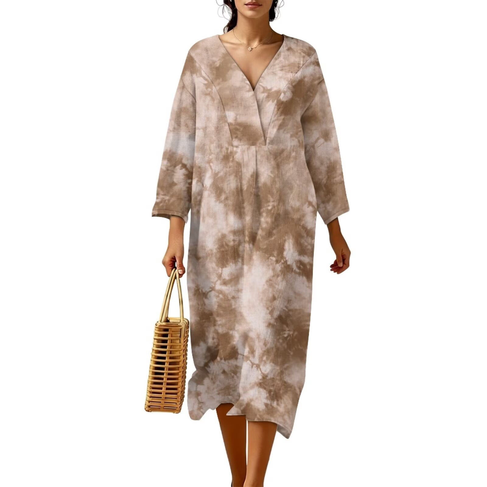 Xixirimido Tie-dye Brown Print Womens Midi Linen Dresses 3/4 Sleeve ...
