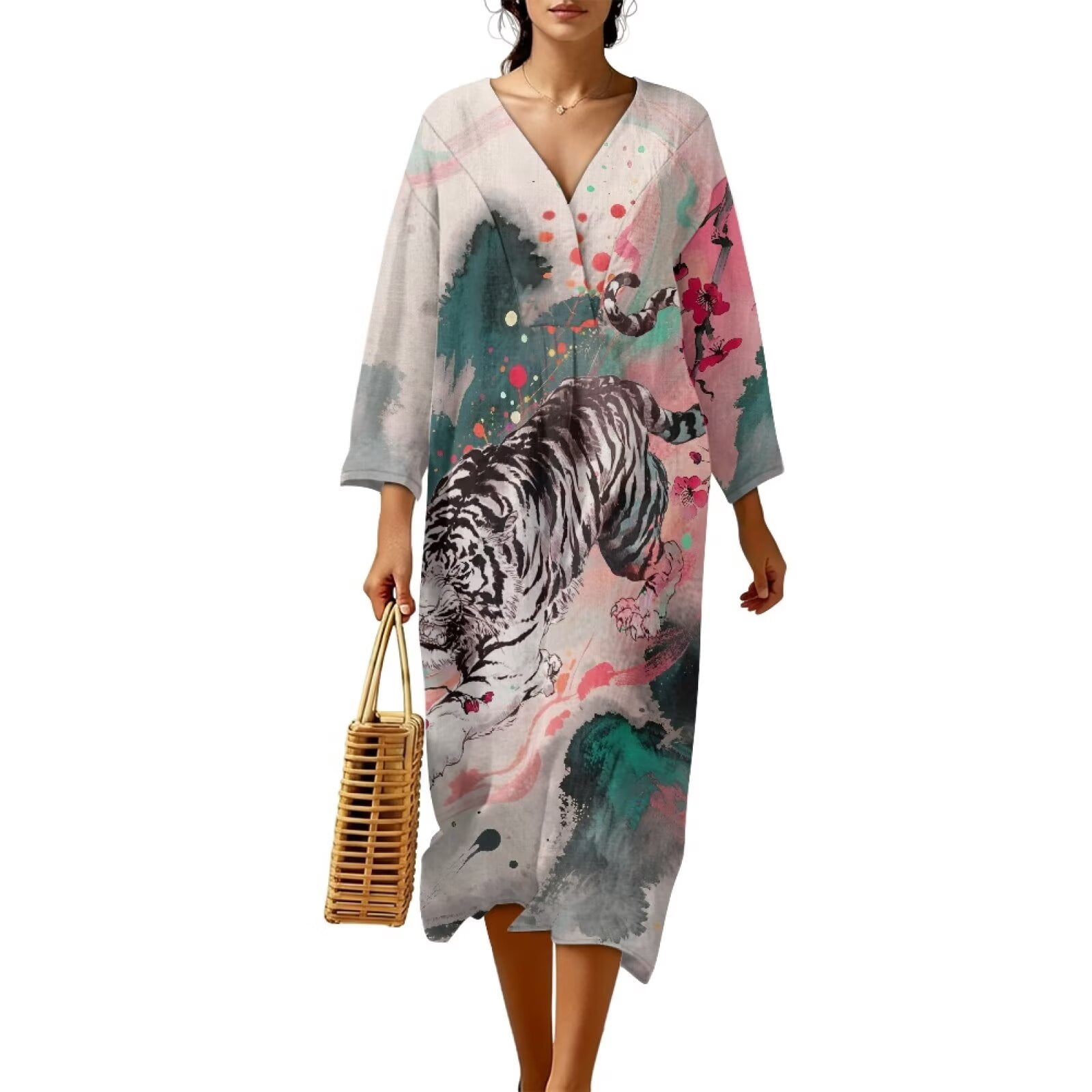 Xixirimido Tiger Plum Blossom Print Linen Dresses Women Plus Size 3/4 ...