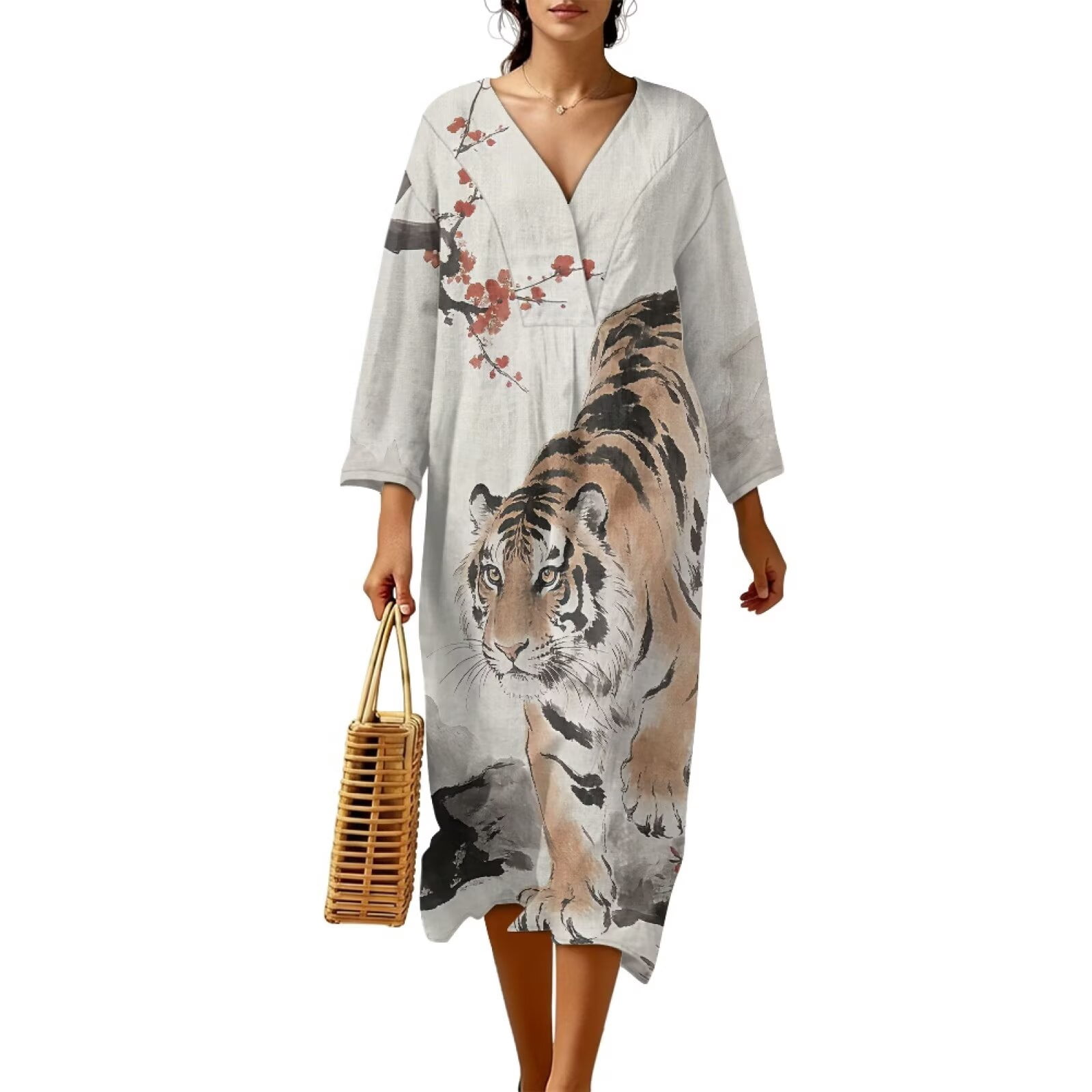 Xixirimido Tiger and Plum Print Flowy Summer Dresses for Women 3/4 ...
