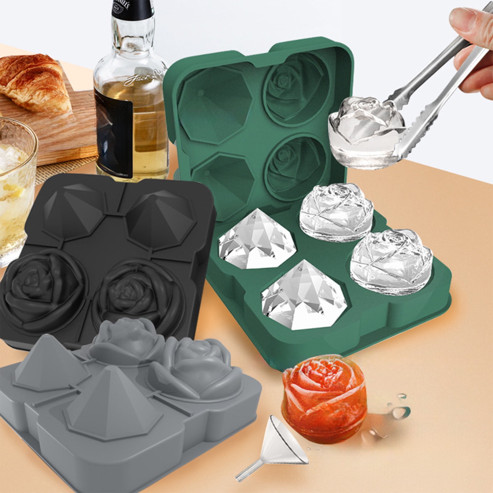 Xiying Silicone Rose Diamond Ice Tray | 4-Hole Whiskey Cocktail Ice ...