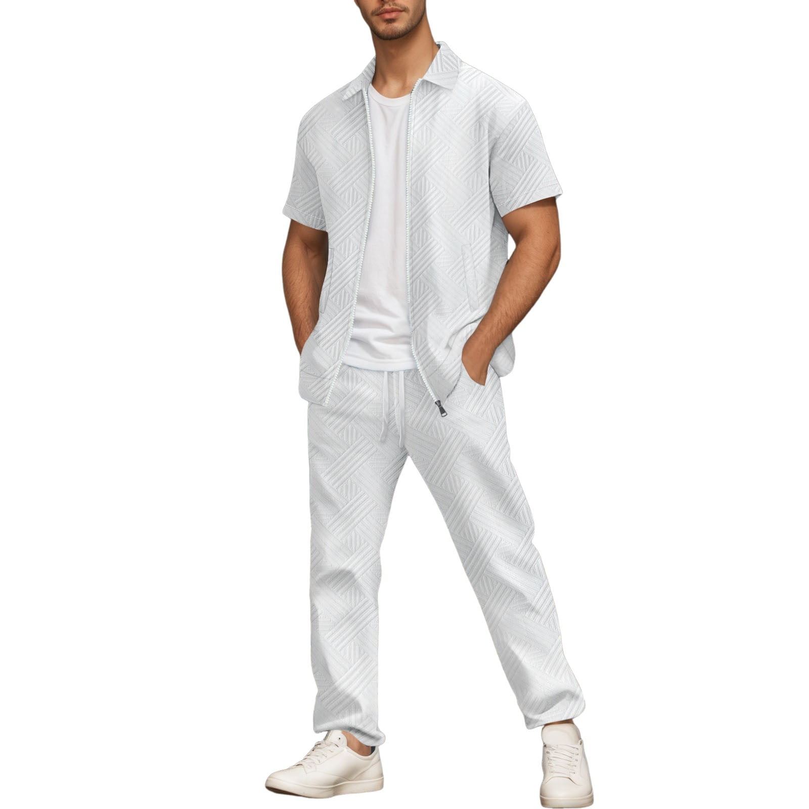 Xkgpp Men Pants Sets Outfits Zipped Short Sleeve Jacquard Weave Coat ...