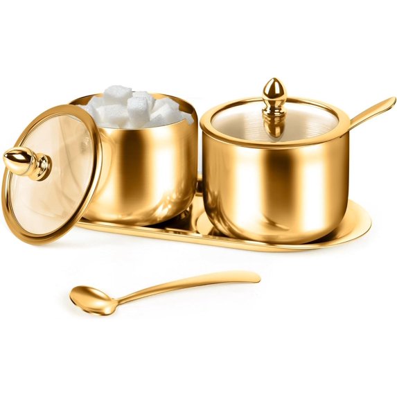 Xlhshop 10oz Gold Stainless Steel Sugar Container with Glass Lid and ...