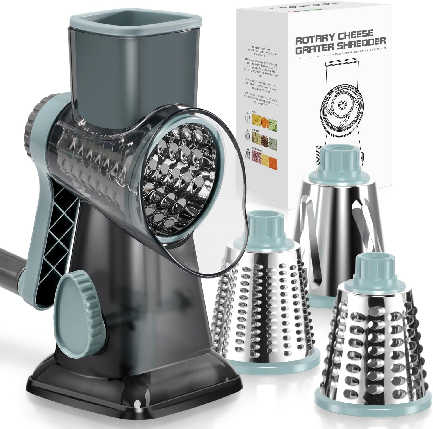 Xlhshop Rotary Cheese Shredder, Manual Hand Crank Grater with 3 Blades ...