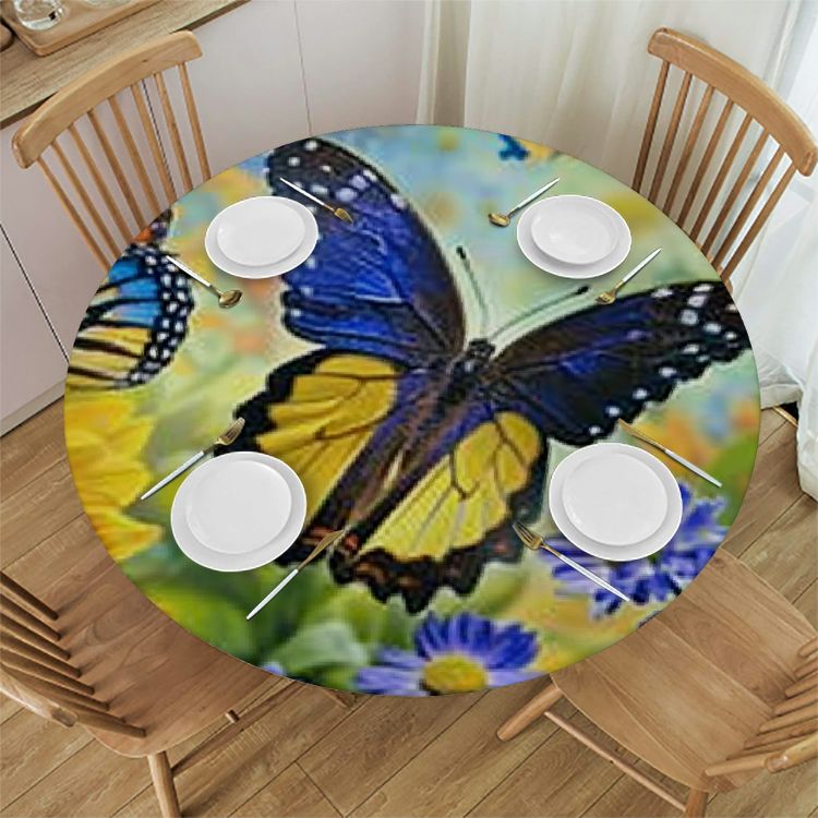 Fitted Round Table Cloth Green Pattern Natural Plant Elastic Stretch ...