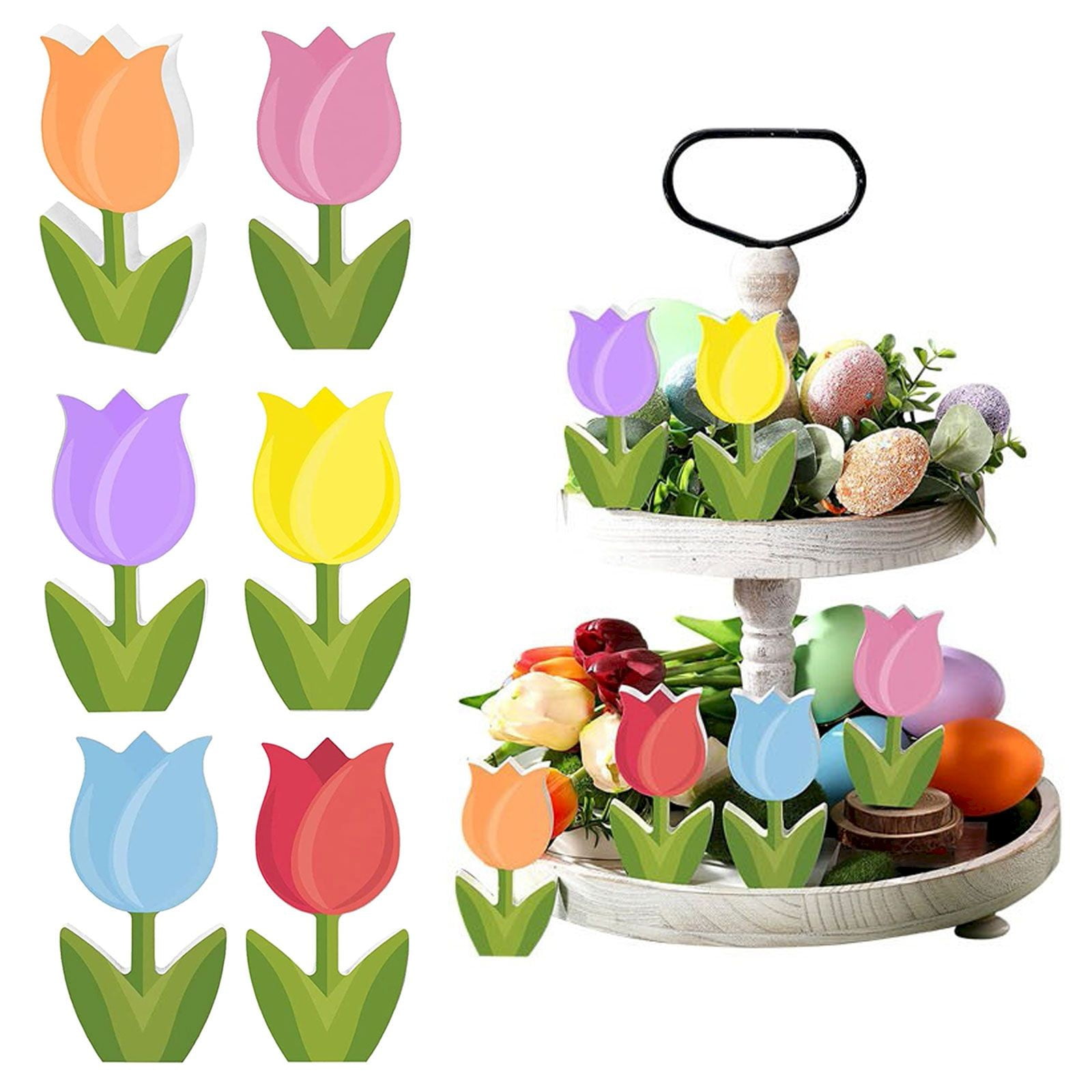 Xloro Easter Wooden Tiered Tray Decor Farmhouse Spring Tulip Wood Signs ...