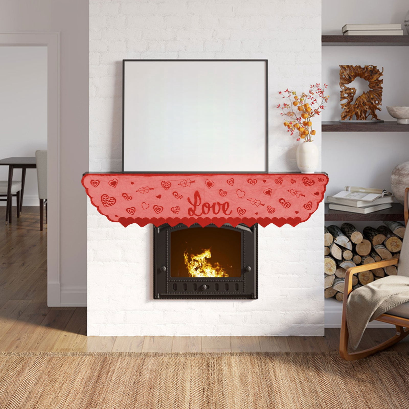 Xloro Valentine Mantle Cover Red Lace Heart Pattern Fireplace Scarf ...