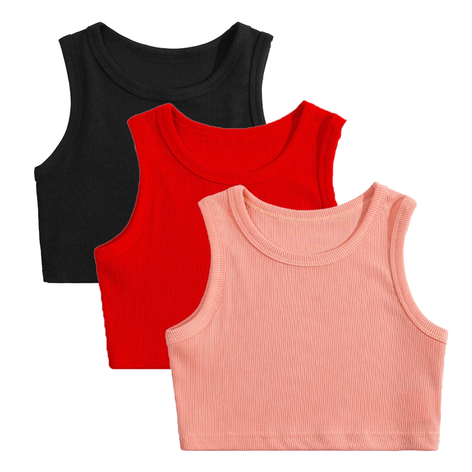 Xmarks 3 Pack Girl's Sleeveless Cropped Tank Top Crewneck Ribbed Crop ...