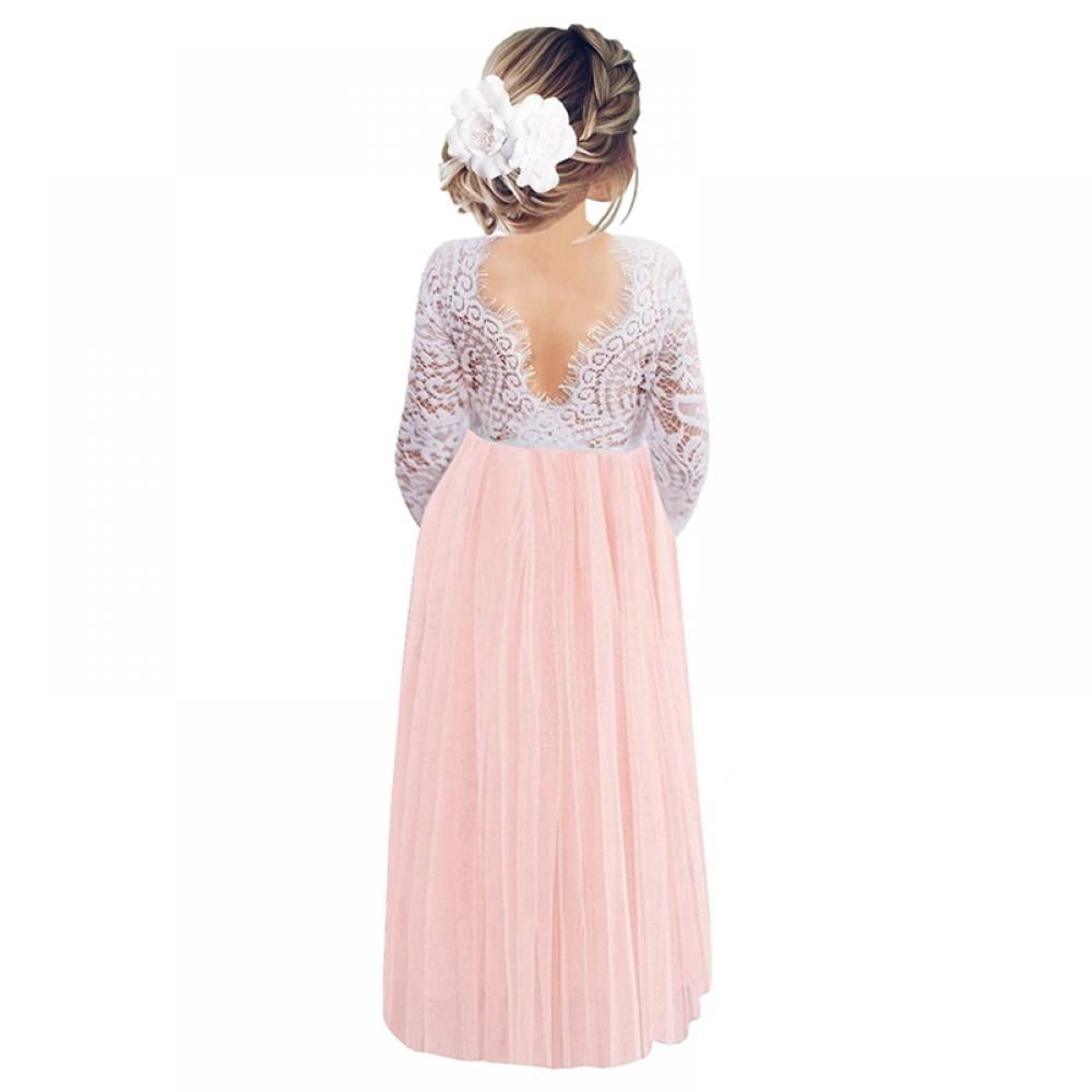 Xmarks Girls Lace Back Full Length Tulle Flower Girl Dresss Party ...