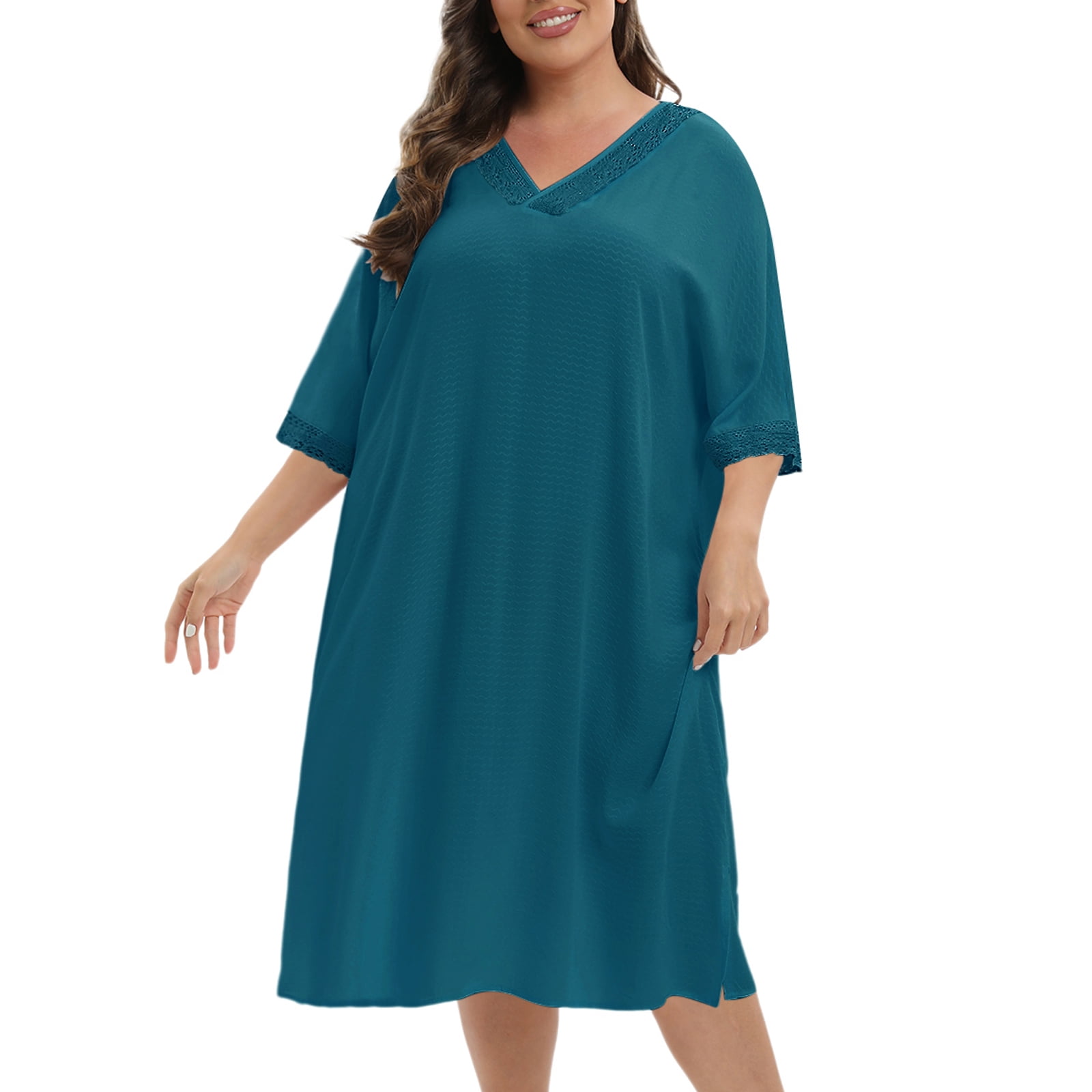 Xmarks Plus Size House Dress for Womens Lace V Neck Nightgown Sleepwear Half Sleeve Wavy Print ...