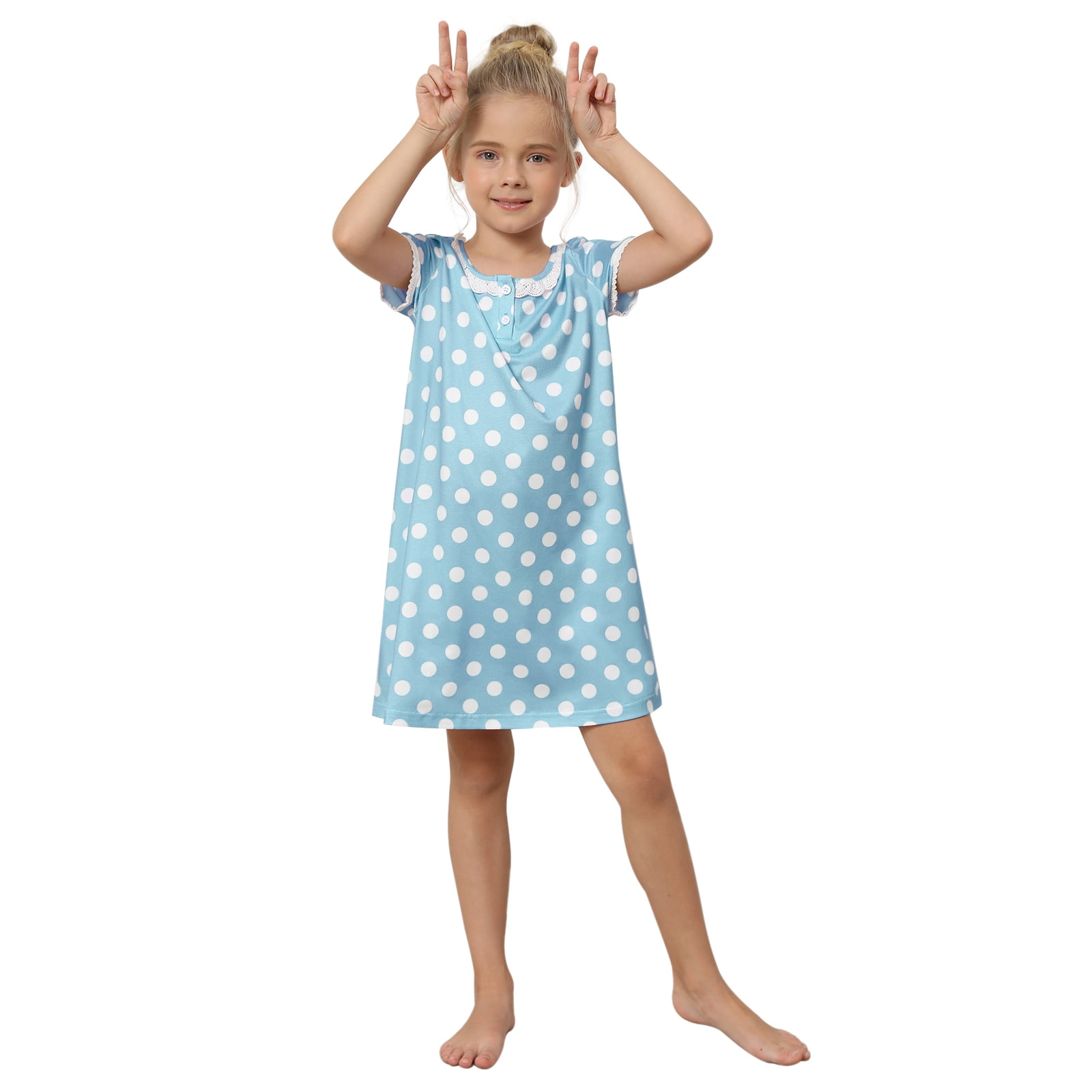 Xmarks Short Sleeve Nightgown for Girls Polka Dots Nightdress Crew Neck ...