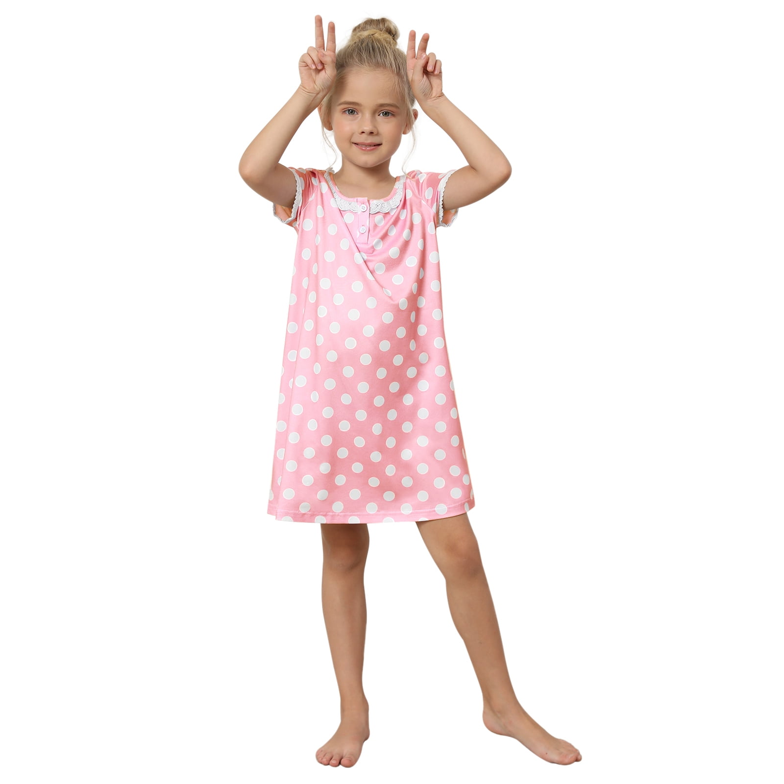 Xmarks Short Sleeve Nightgown for Girls Polka Dots Nightdress Crew Neck ...