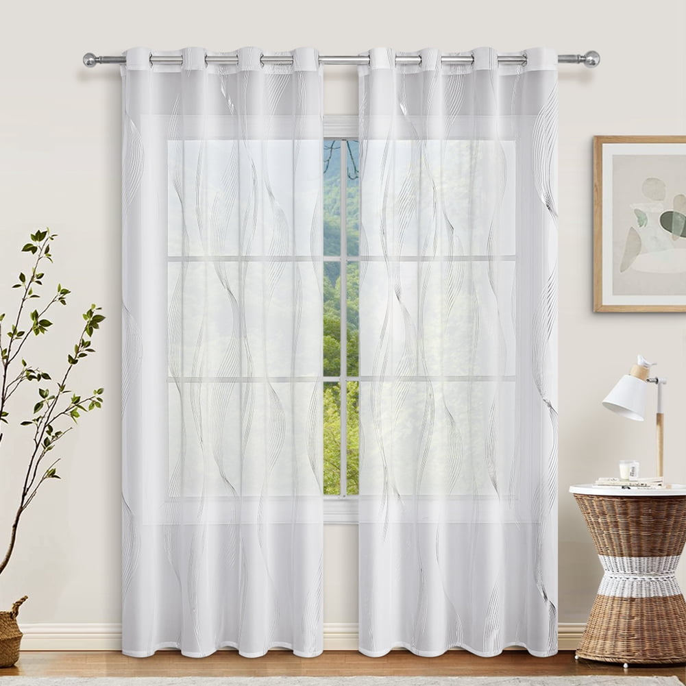 Xmarks Silver Foil Wave Print Semi Sheer Curtains, 2 Panels, Grommet ...