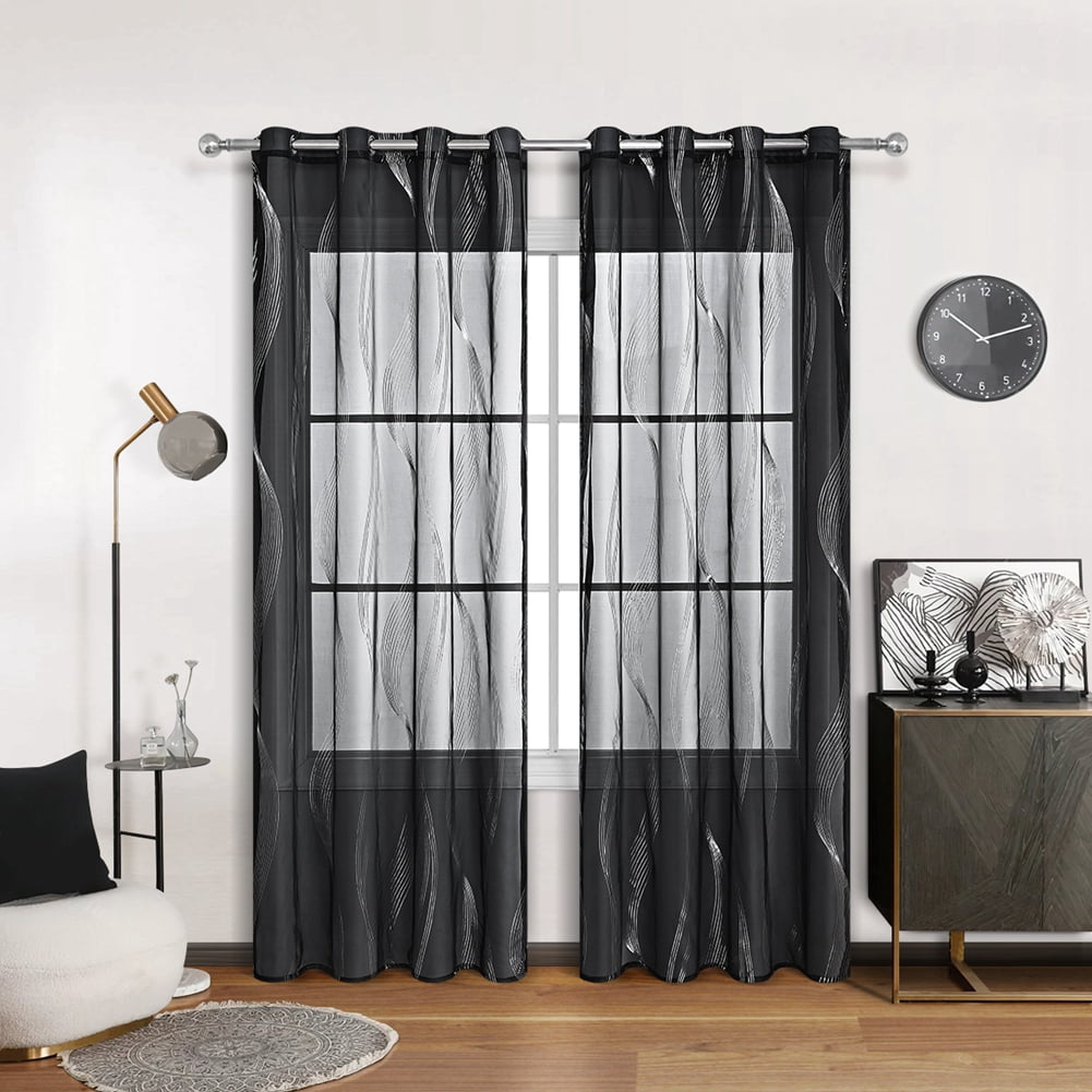 Xmarks Silver Foil Wave Print Semi Sheer Curtains, 2 Panels, Grommet ...