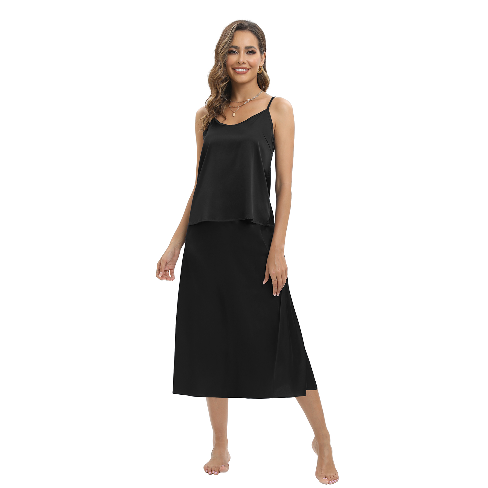 Xmarks Women Spaghetti Strap Camis Blouse and Midi Skirts Set Satin ...