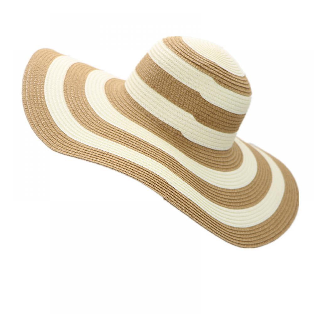 Xmarks Women Striped Straw Hat Foldable Floppy Wide Brim Beach Hat Sun ...