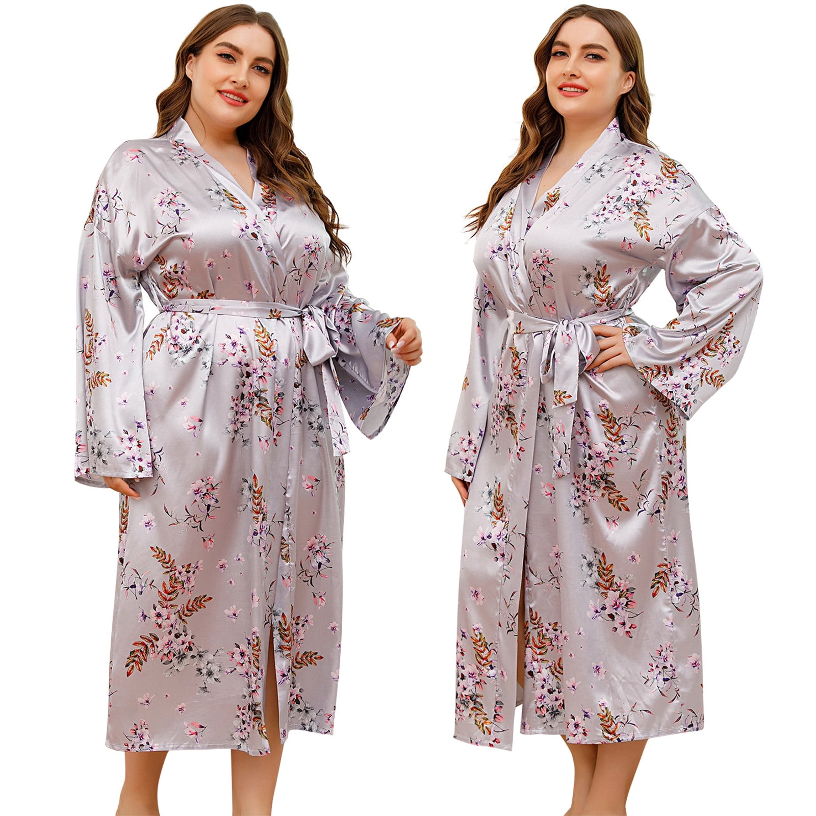 Xmarks Women's Long Robe Floral Print Silk Satin Bathrobe Sleepwear ...