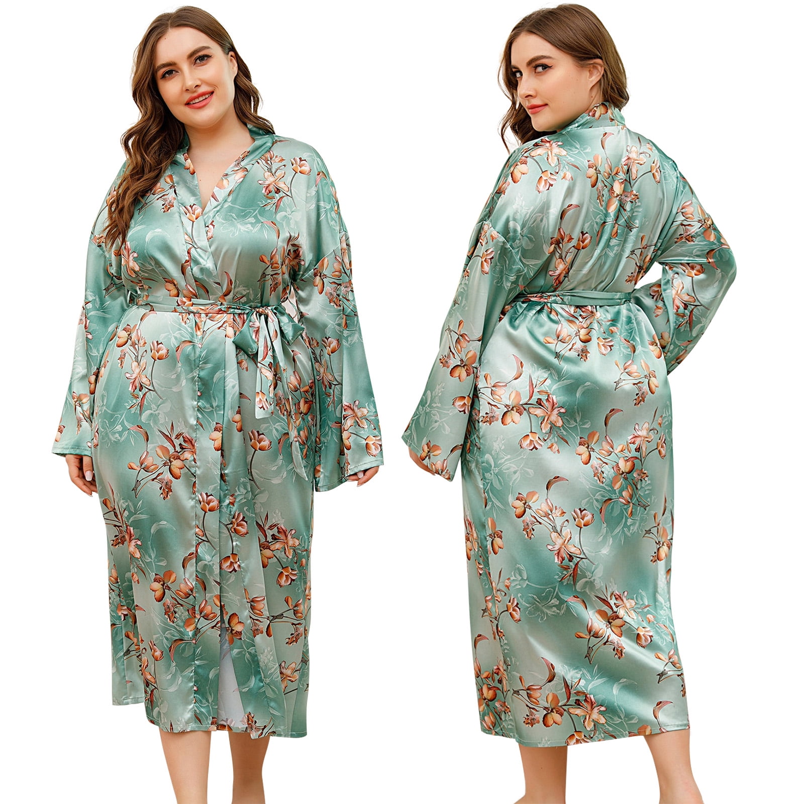 Xmarks Women's Long Robe Floral Print Silk Satin Bathrobe Sleepwear ...