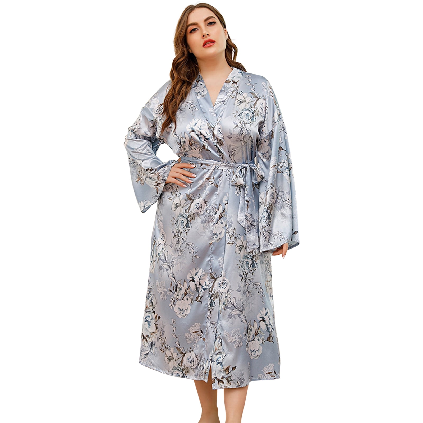 Xmarks Women's Long Robe Floral Print Silk Satin Bathrobe Sleepwear ...