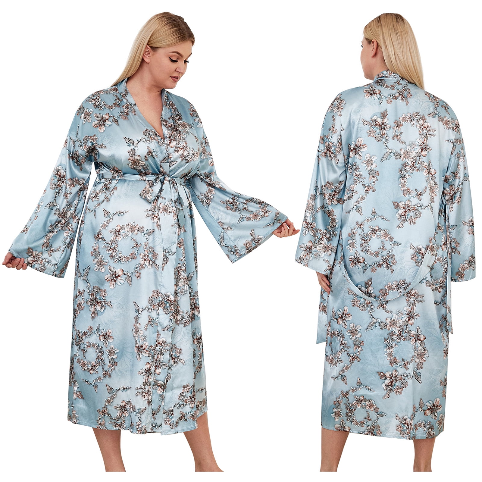 Xmarks Women's Long Robe Floral Print Silk Satin Bathrobe Sleepwear ...