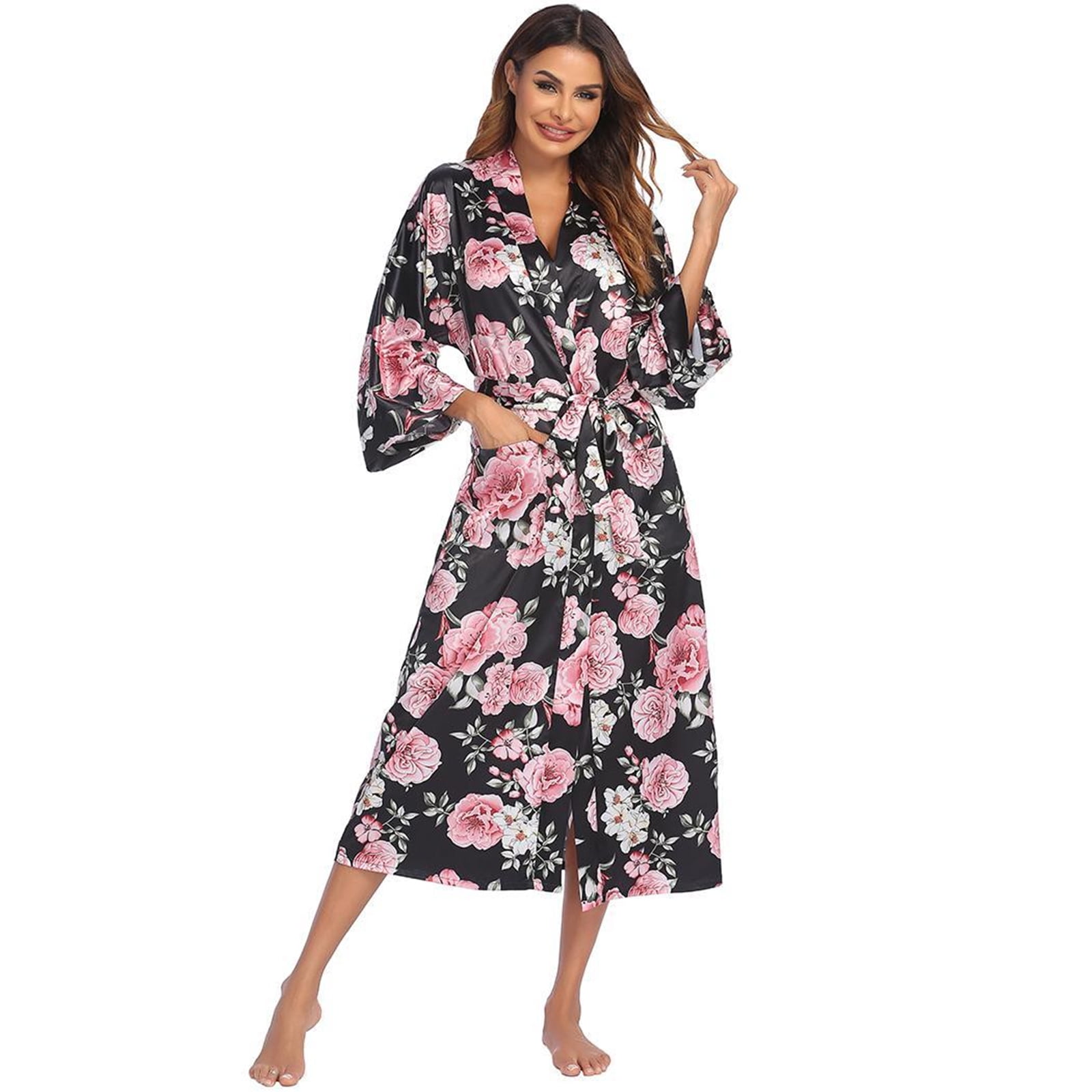 Xmarks Women's Long Satin Robes Lightweight Kimonos Bathrobe with ...