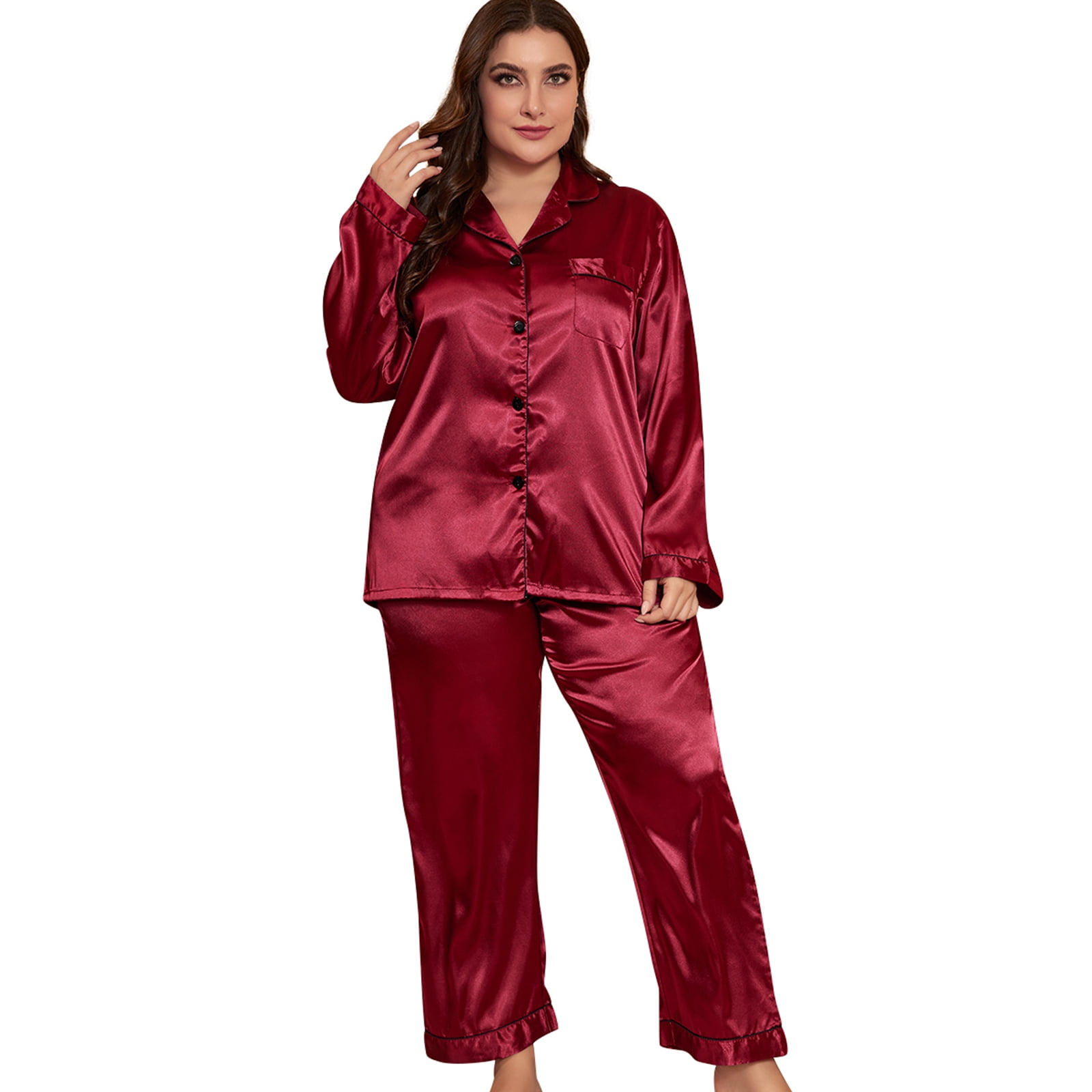 Xmarks Women's Plus Size Satin Pajama Set Long Sleeve Button Down ...