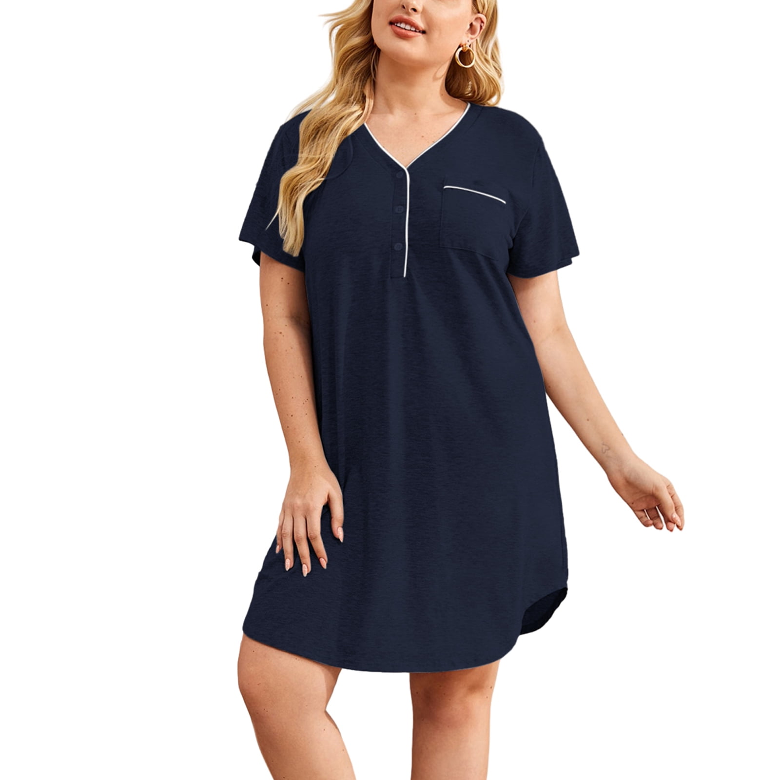 Xmarks Women's Plus Size Sleepshirt Short Sleeve V Neck Button Down ...