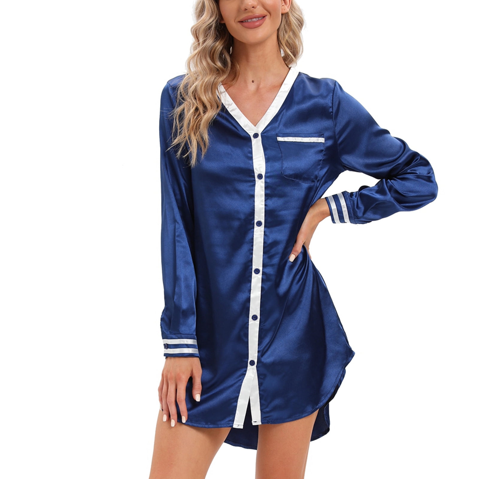 Xmarks Women's Satin Nightshirt Button Down Sleepshirt Long Sleeve ...