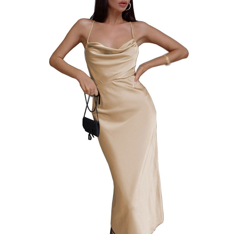 Xmarks Women's Spaghetti Strap Cowl Neck Long Slip Satin Silk Midi ...