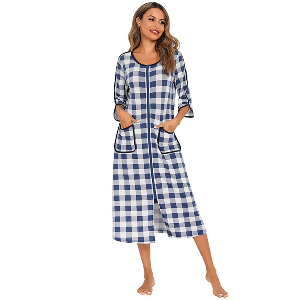 Xmarks Zipper Front Robes Women House Coat Half Sleeve Loungewear Long Nightgown With Pockets