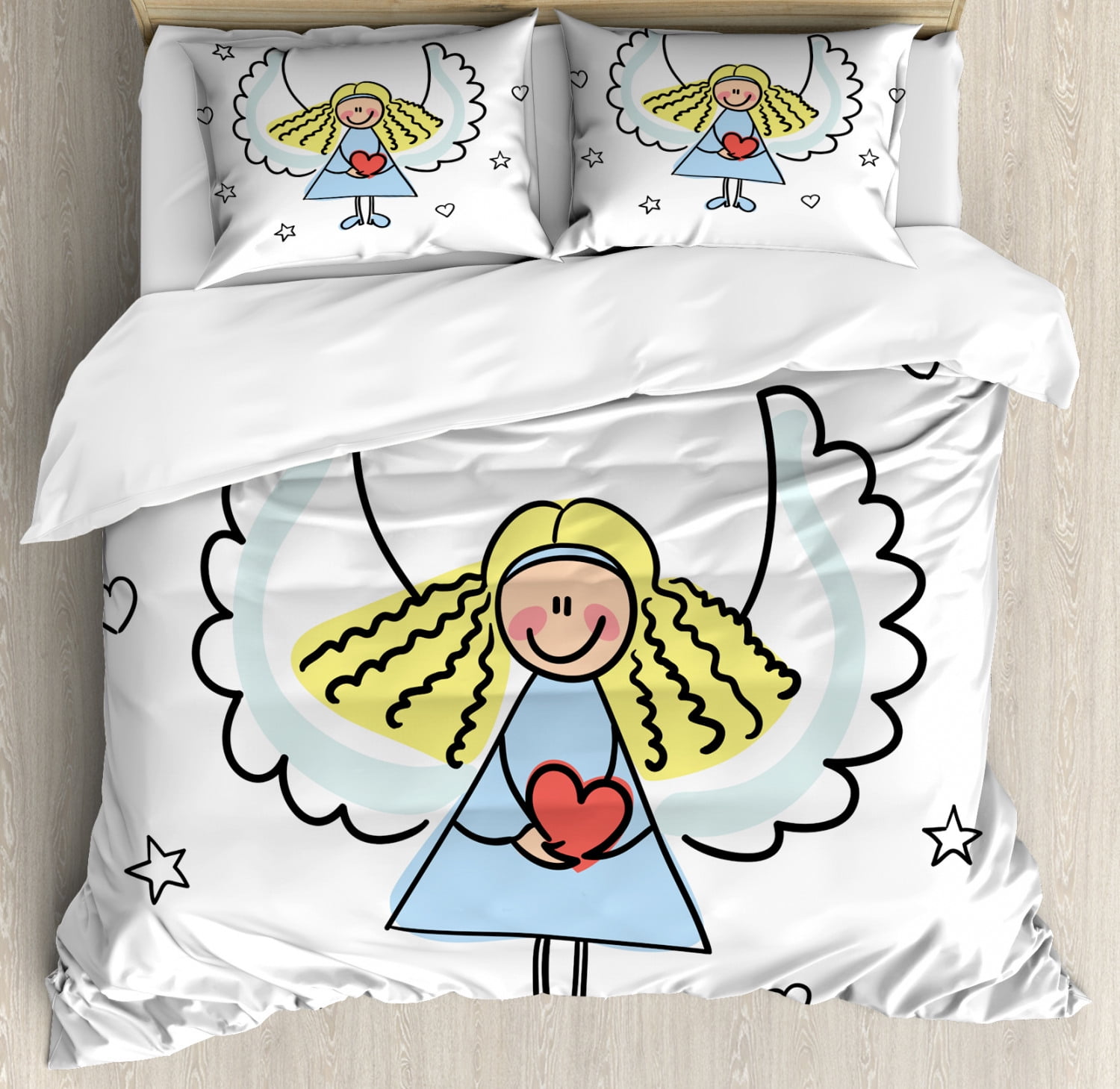 Xmas Duvet Cover Set, Cute Little Girl with Wings Red Heart Stars Angel Blessing Heaven Holiday ...