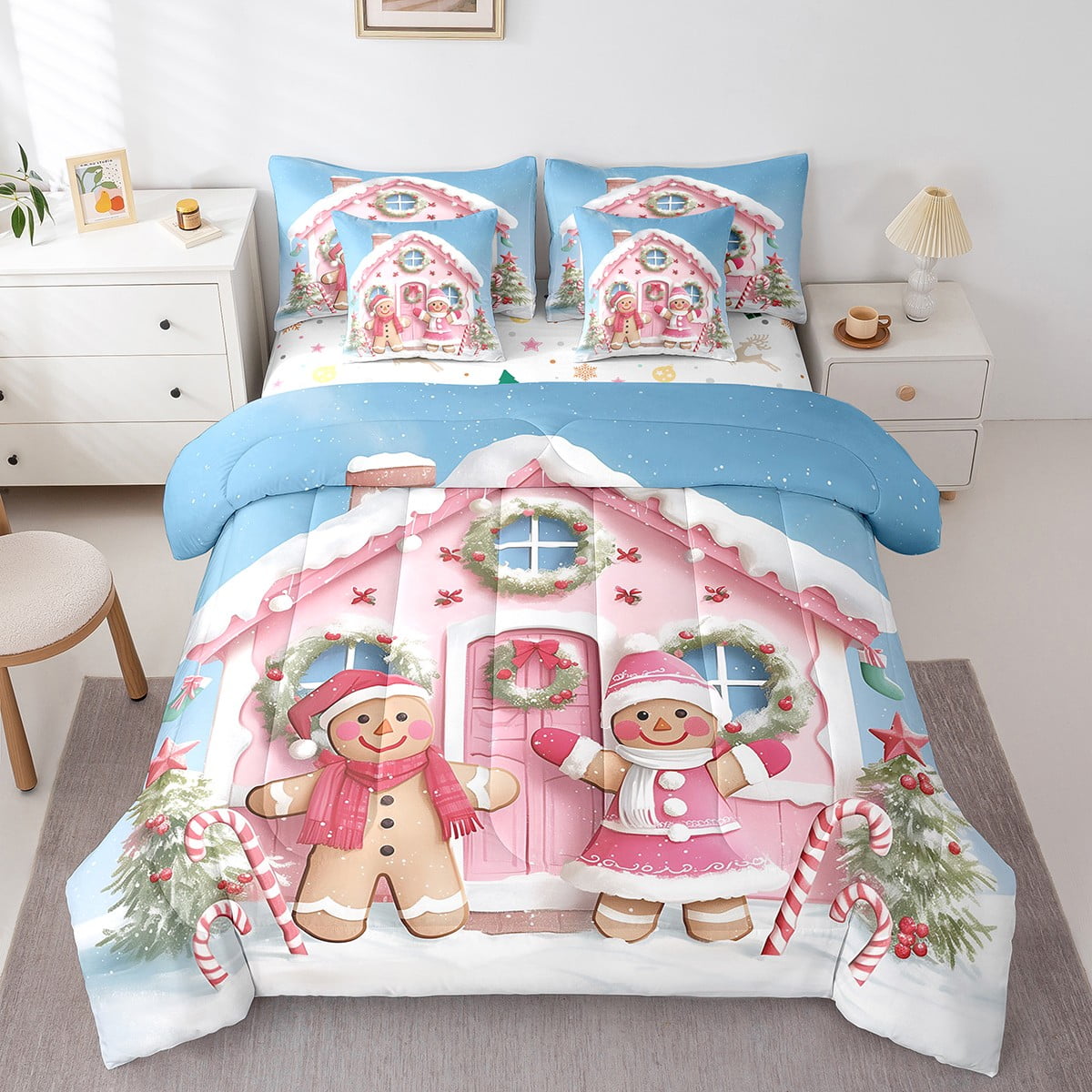 Xmas Gingerbread Man Comforter Cover,Pink Decor Rustic House Bedding ...