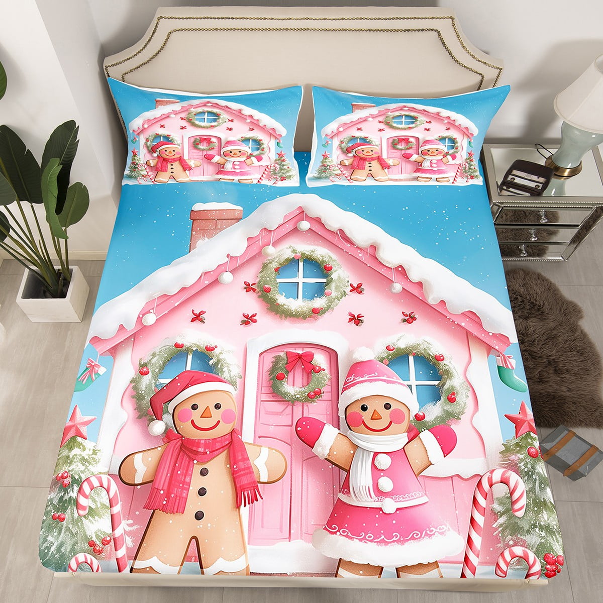 Xmas Gingerbread Man Twin Bed Sheets,Pink Decor Rustic House Fitted ...