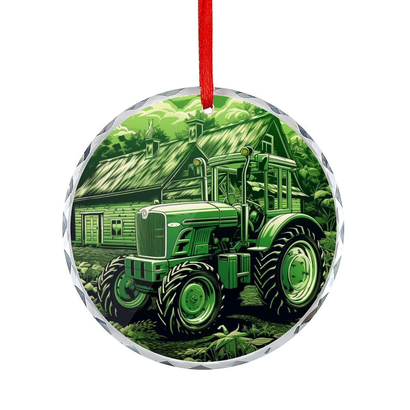 Xmas Ornament Green Tractor on Barn Christmas Tree Glass Ornament ...