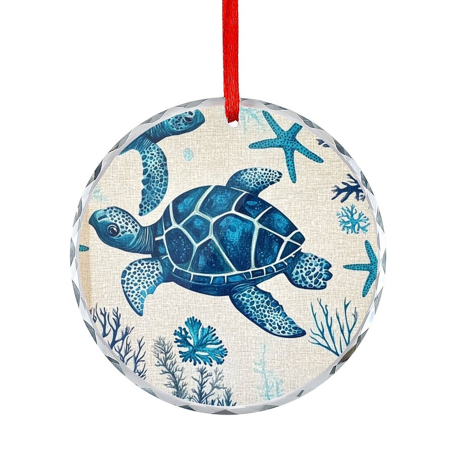 Xmas Ornament Nautical Green Sea Turtles Beach Theme Round Shaped Glass ...