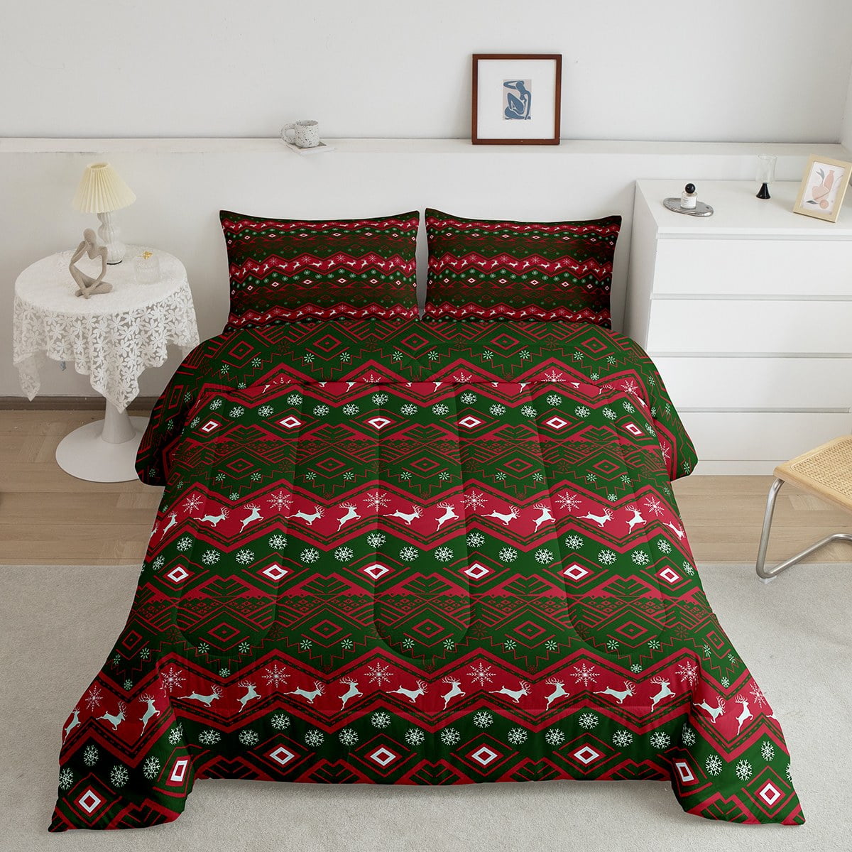 Xmas Reindeer King Bed Comforter Set Winter Snowflake Theme Comforter ...