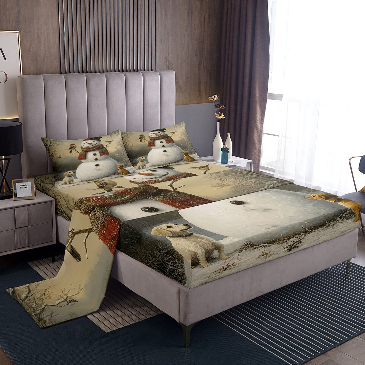 Xmas Snowman Bed Sheets Set Queen Size,Cute Cartoon Dog Sheet Set ...