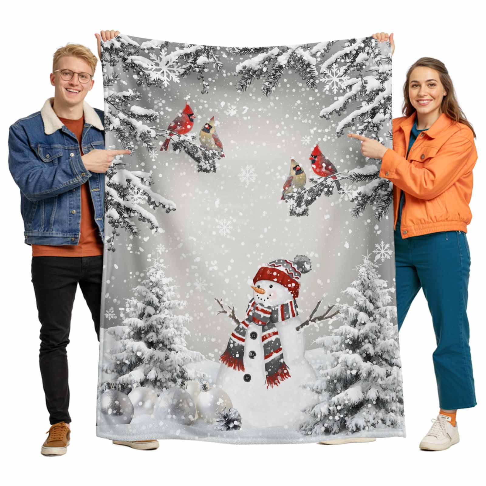 Xmas Snowman Pine Tree Cardinal Throw Blanket Flannel Fleece Throws ...