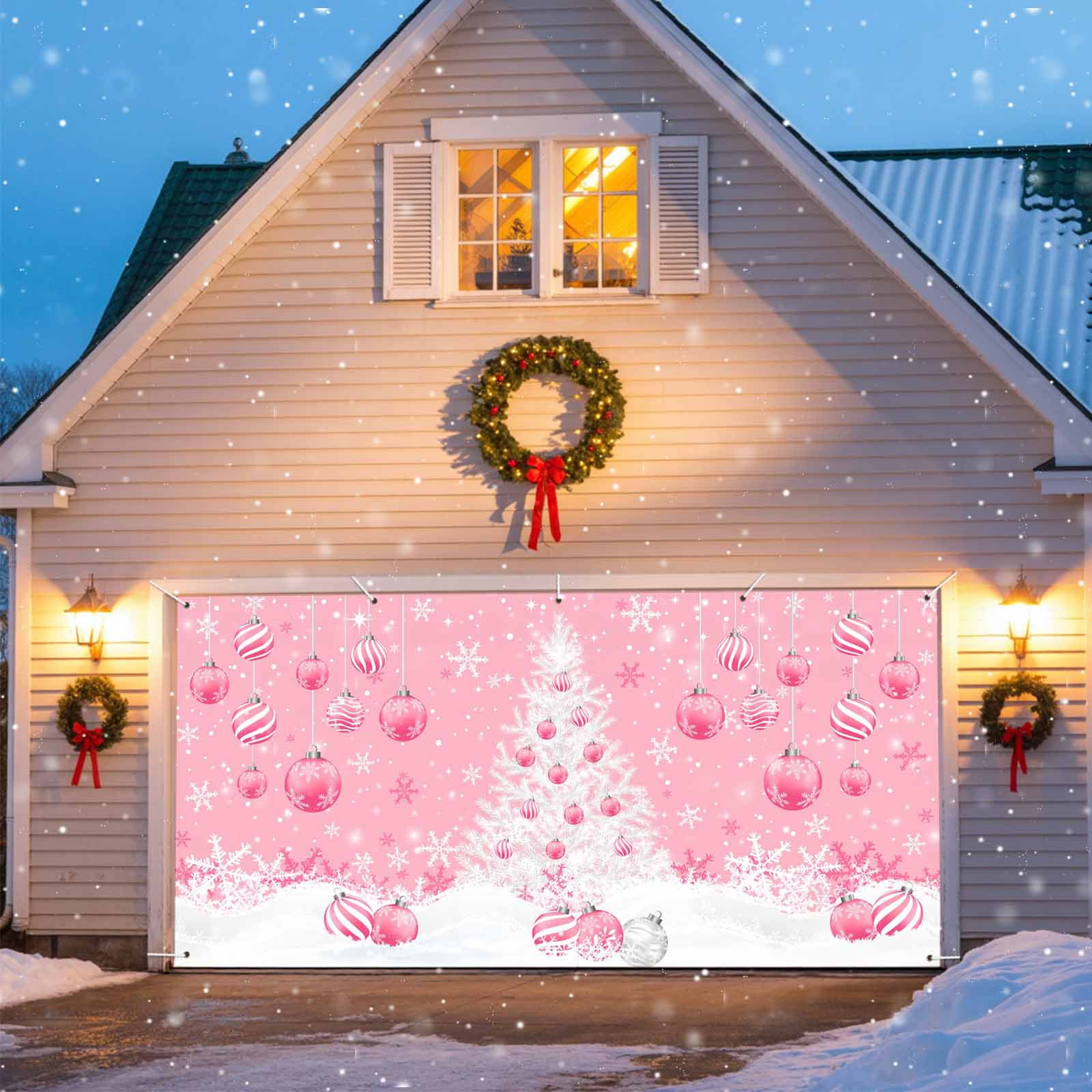 Xmas Tree Pink Balls Garage Door Decorations, 6x13ft Garage Door Cover ...