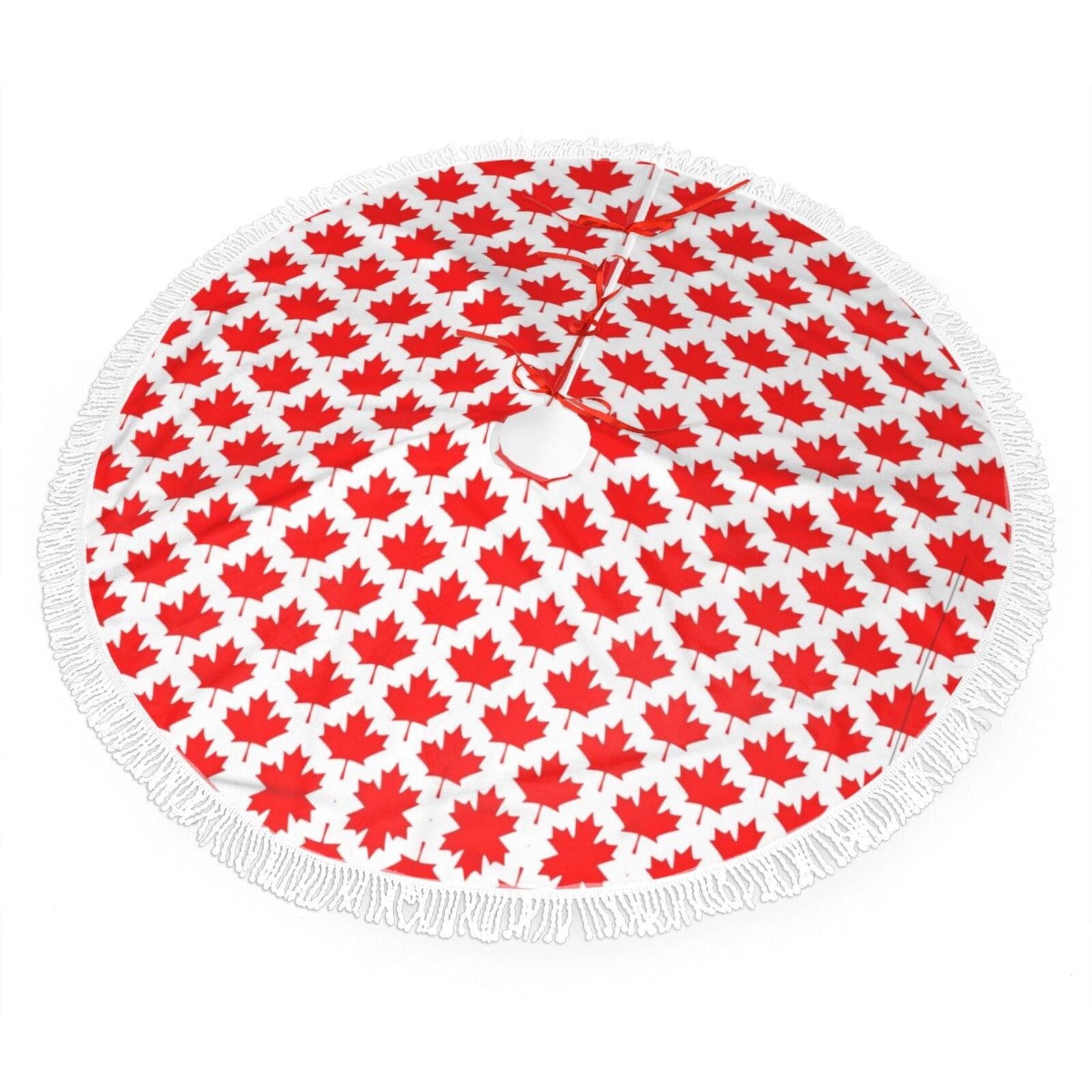 Xmas Tree Skirt Canada Maple Leaf Pattern Tassel Edge Rustic Christmas ...