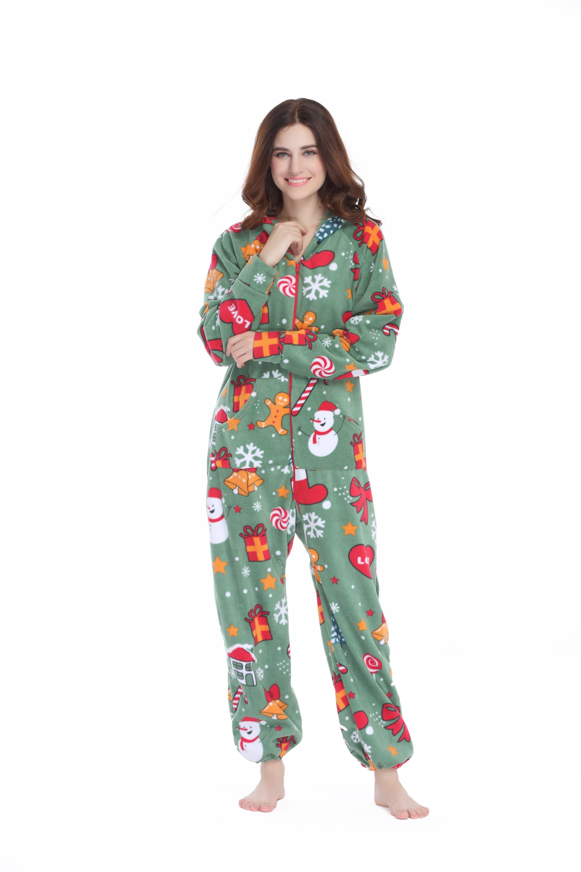 XMASCOMING Adult Christmas Onesie, Hooded Fleece Pajamas with Back Flap ...