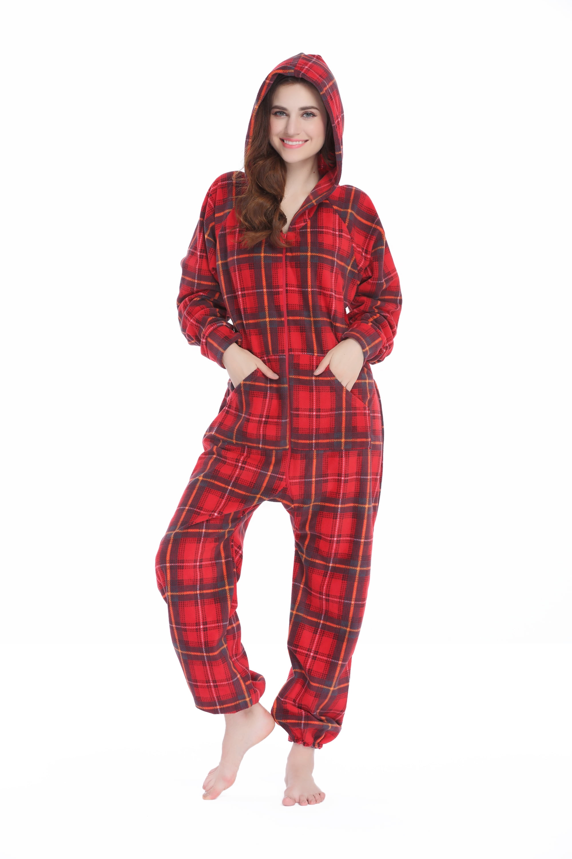 XMASCOMING Adult Hooded Fleece Pajamas, Red Plaid Onesie, Size US M ...