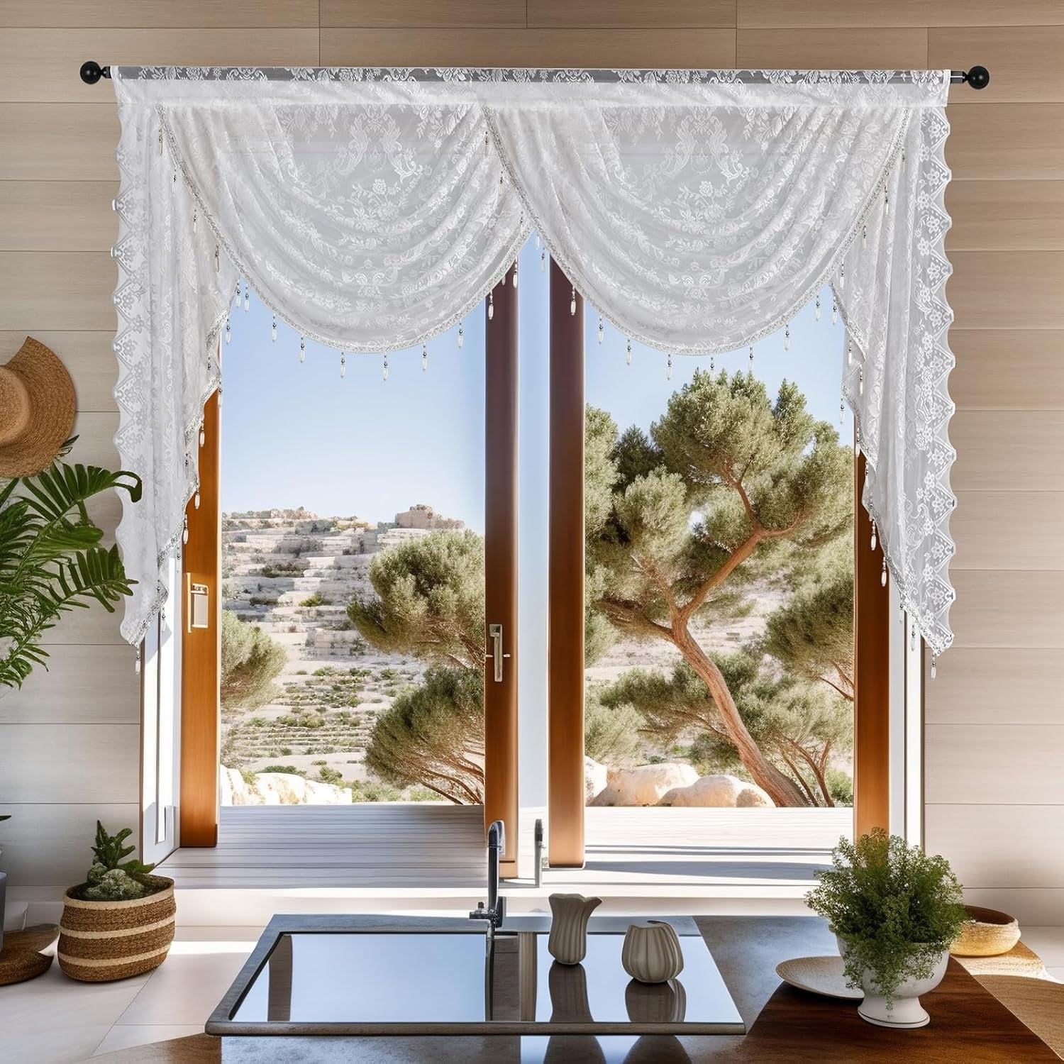 XmhyTop-A White Window Valance 150x105cm, 1 Piece Bead Tassels Floral ...