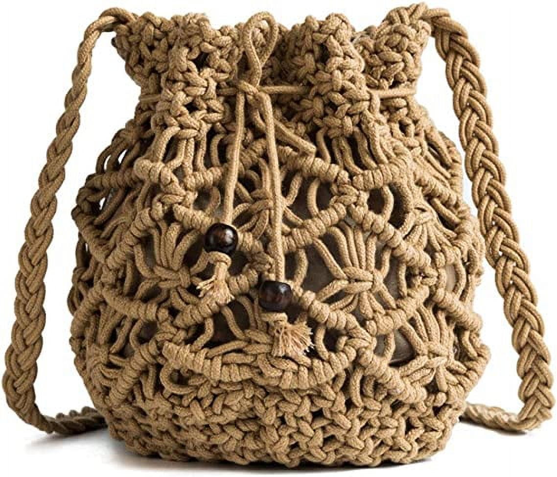 XmhyTop-A Women's Bucket Drawstring Handbag Straw Shoulder Bag Straw ...