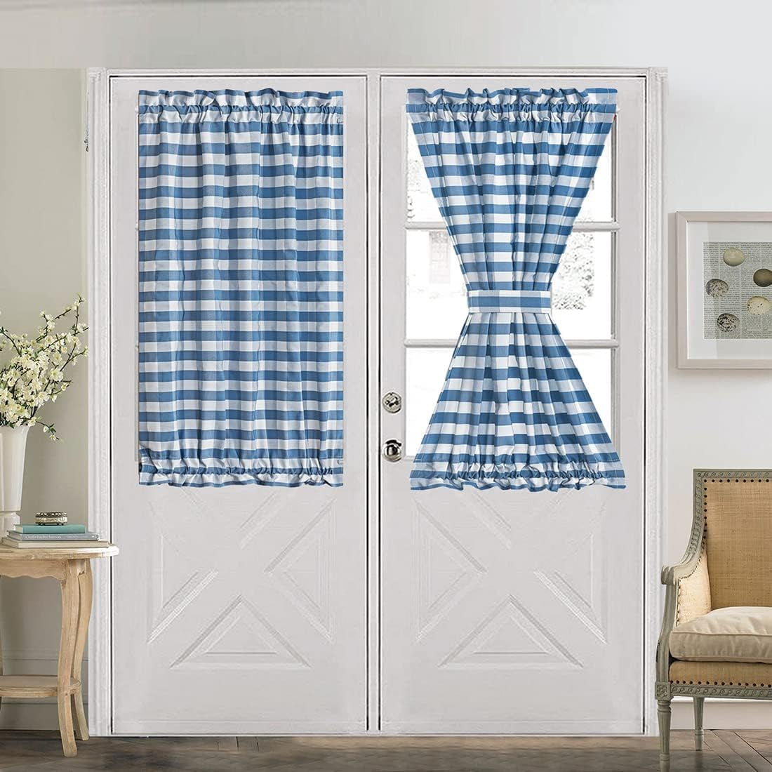 XmhyTop Blue and White Buffalo Check Door Window Curtain with Tieback ...
