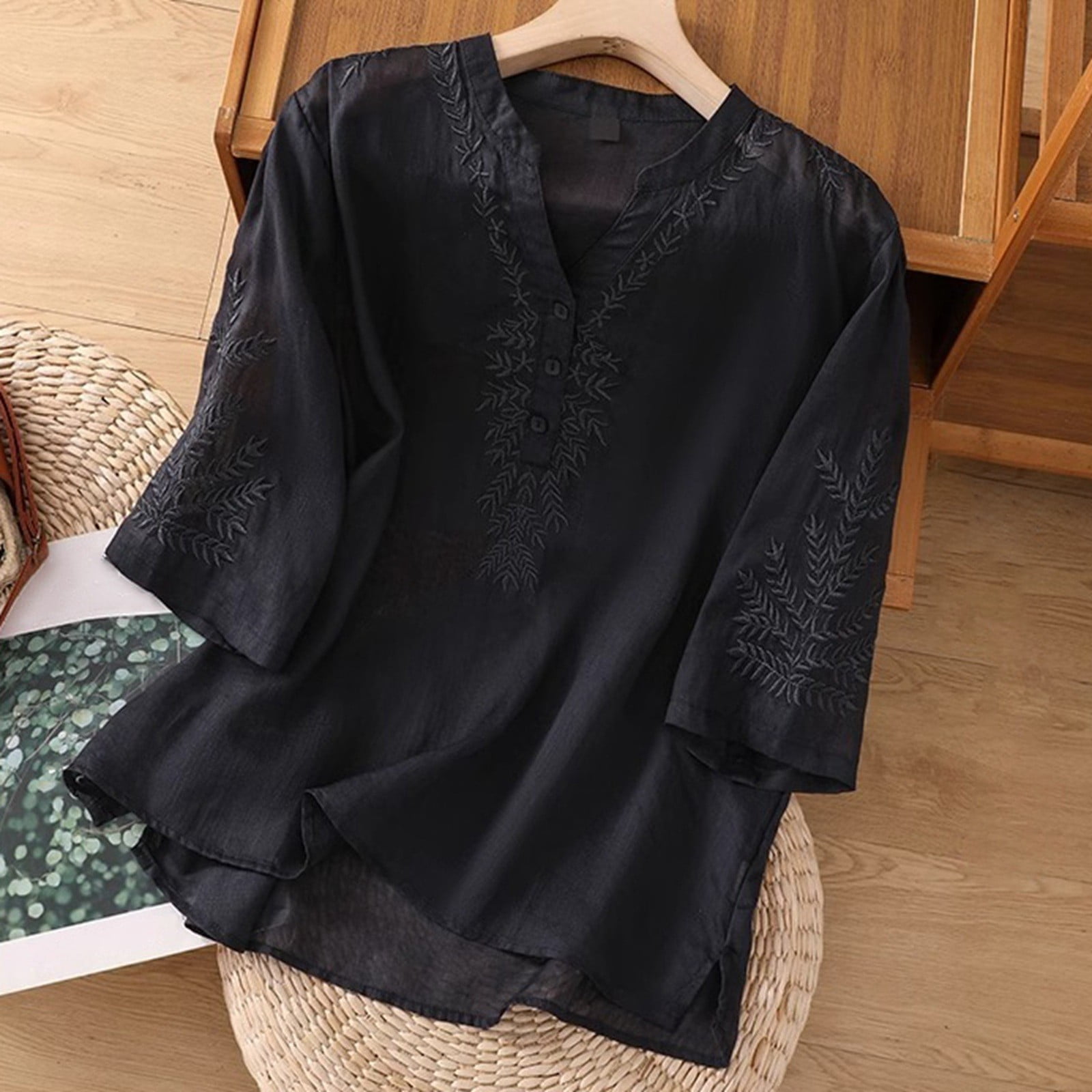 Xmyrz Women Linen Shirts Half Sleeve V Neck Tops Embroidery Solid Color ...