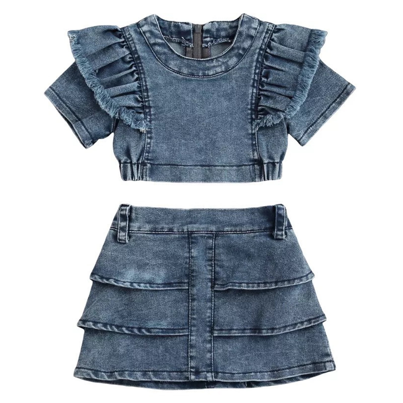 Xnarks Toddler Girls Denim Clothing Sets Ruffle Short Sleeve Zipper T ...